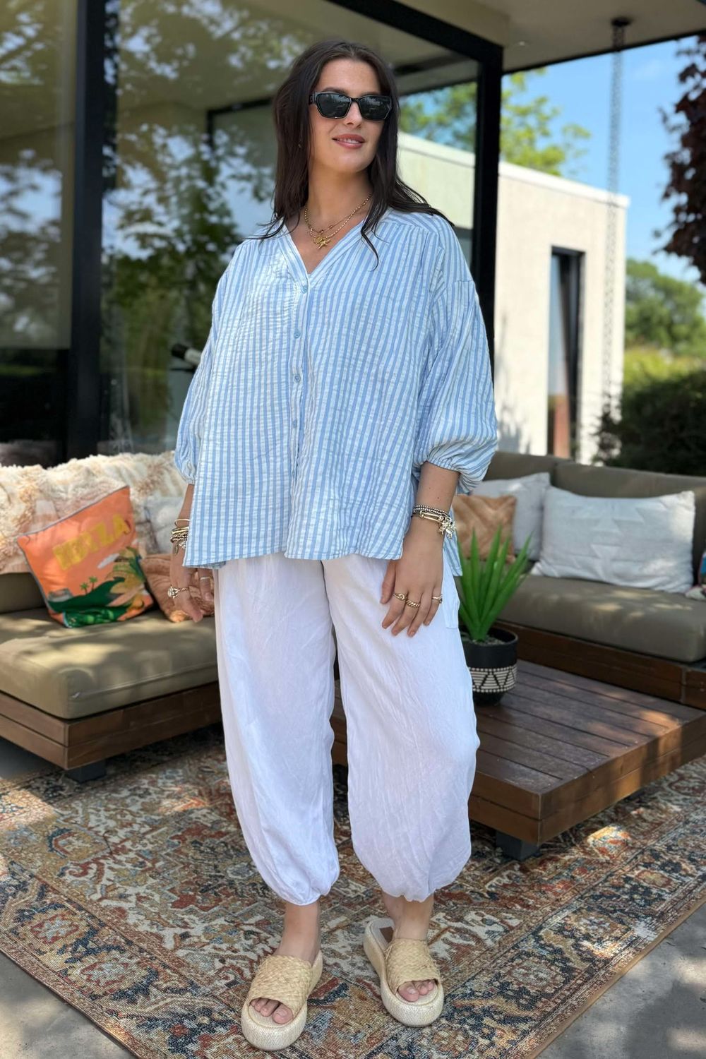 Hamptons Weekend Stripe Blouse Light Denim