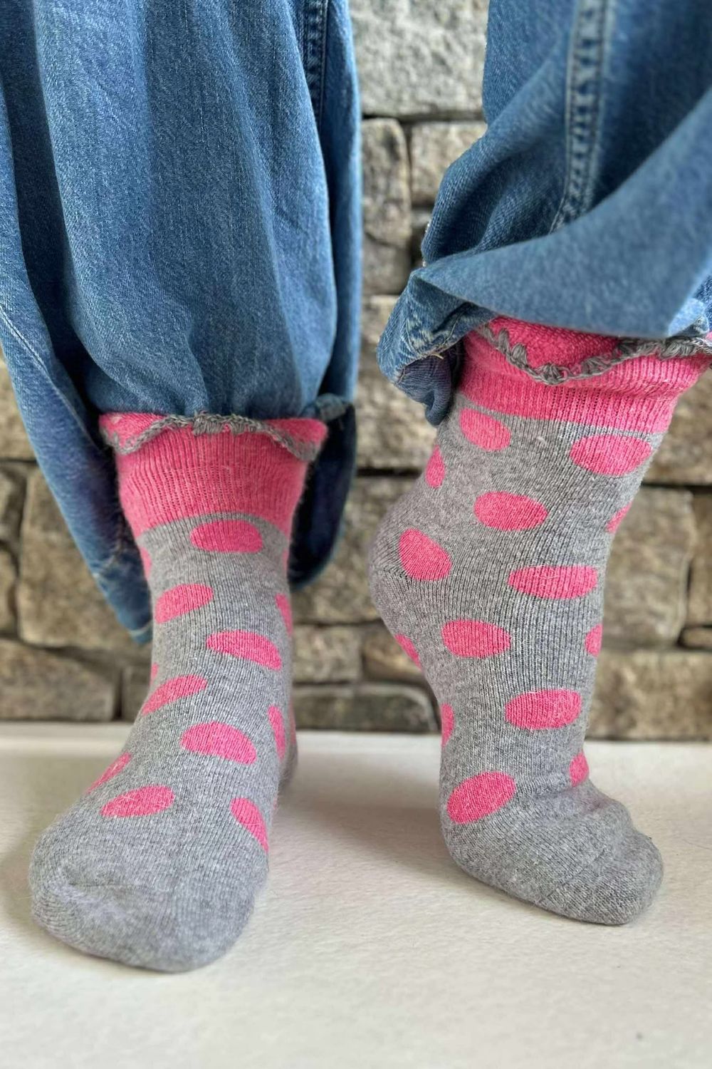 Terry & Wool Luxury Socks Dotty Geranium Grey
