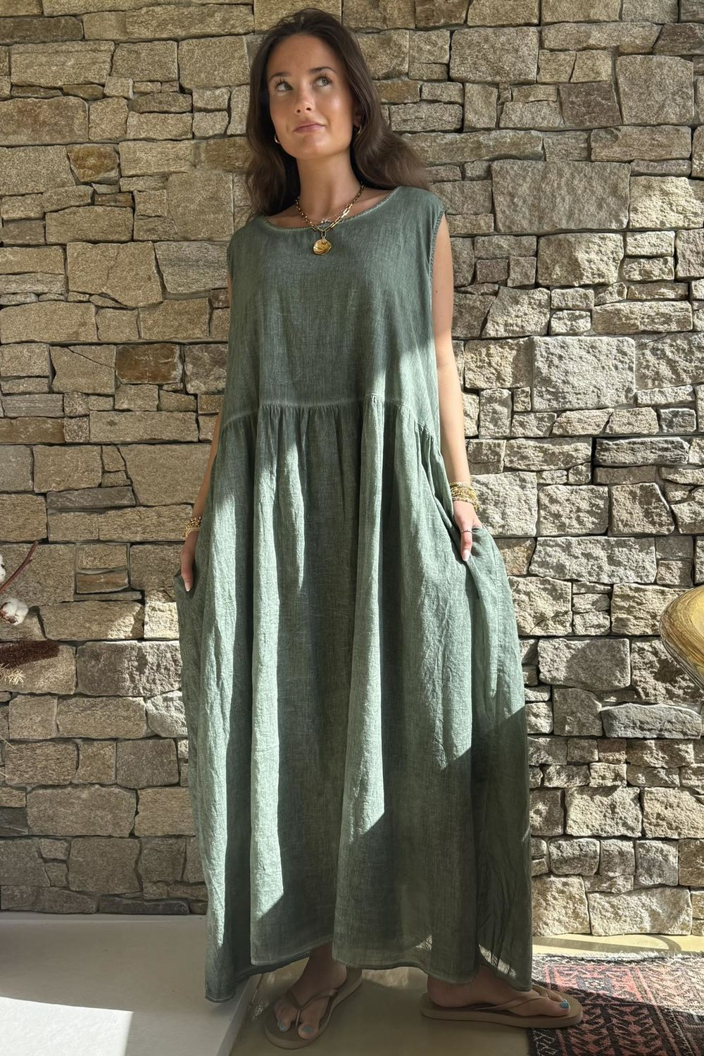 Lenni Cotton Smock Dress Washed Khaki