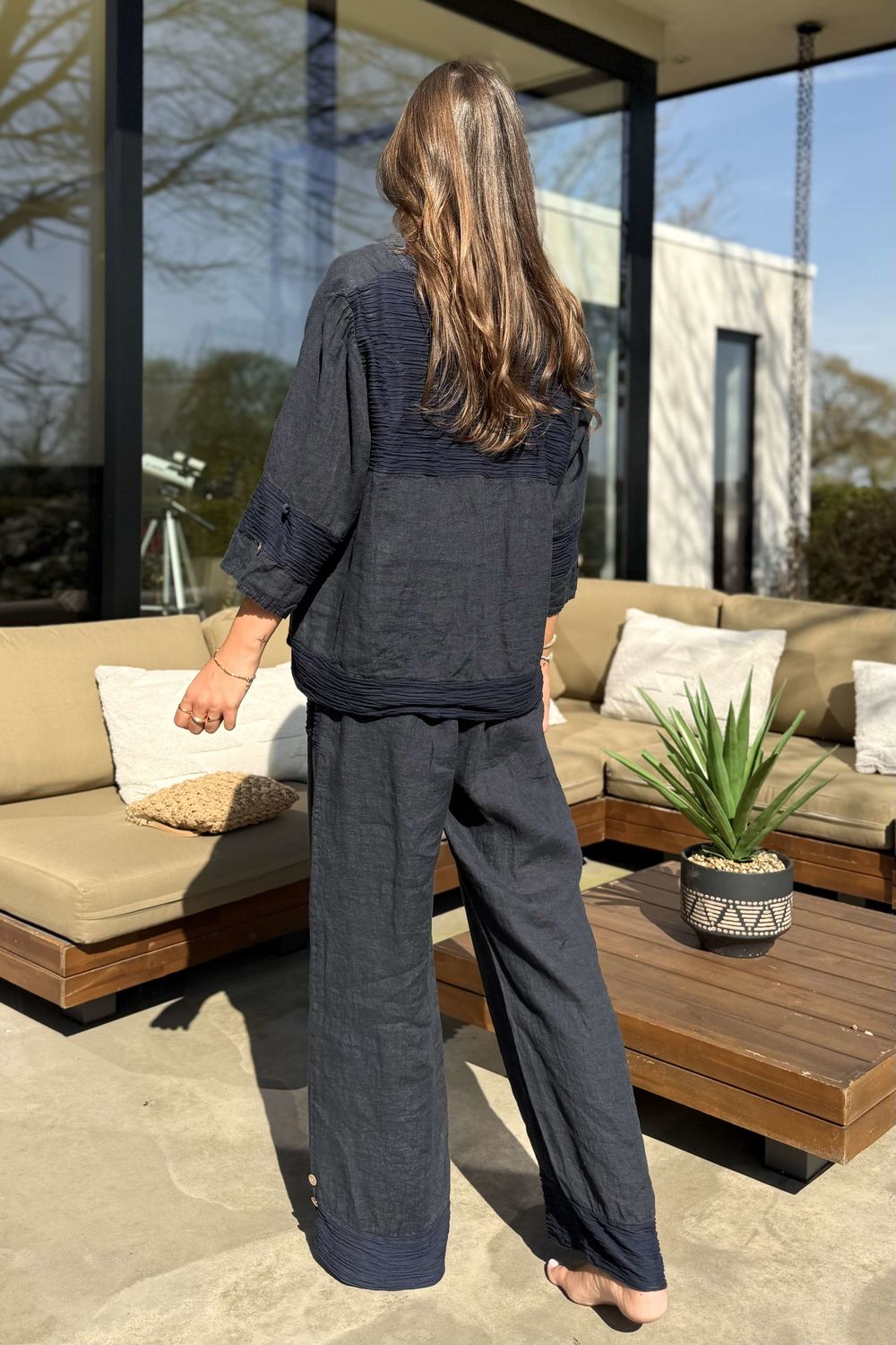 Benji Linen Wave Panel Jacket Navy