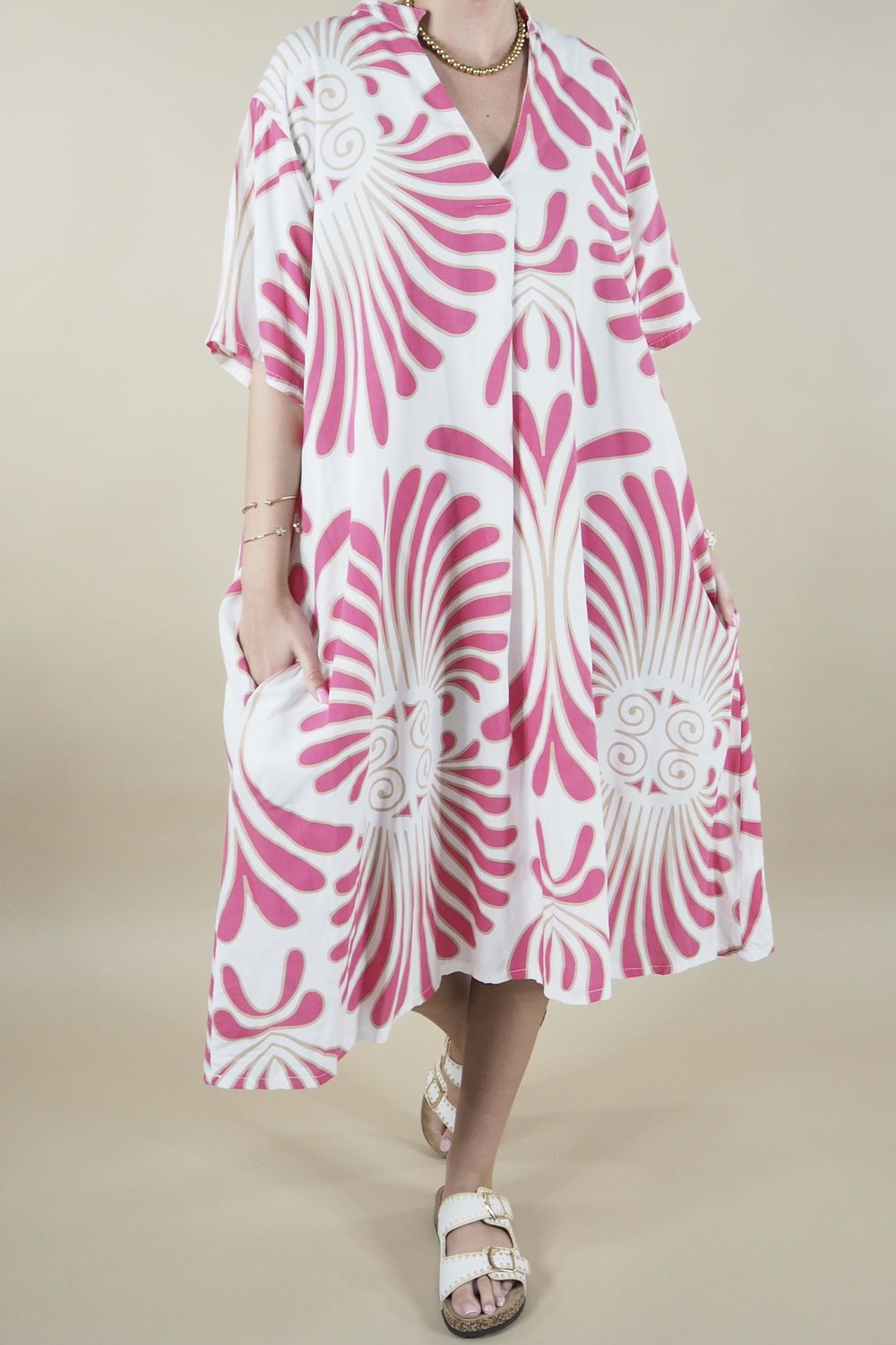 Made in Italy Nero Deco Pocketed Trapeze Dress Hot Pink