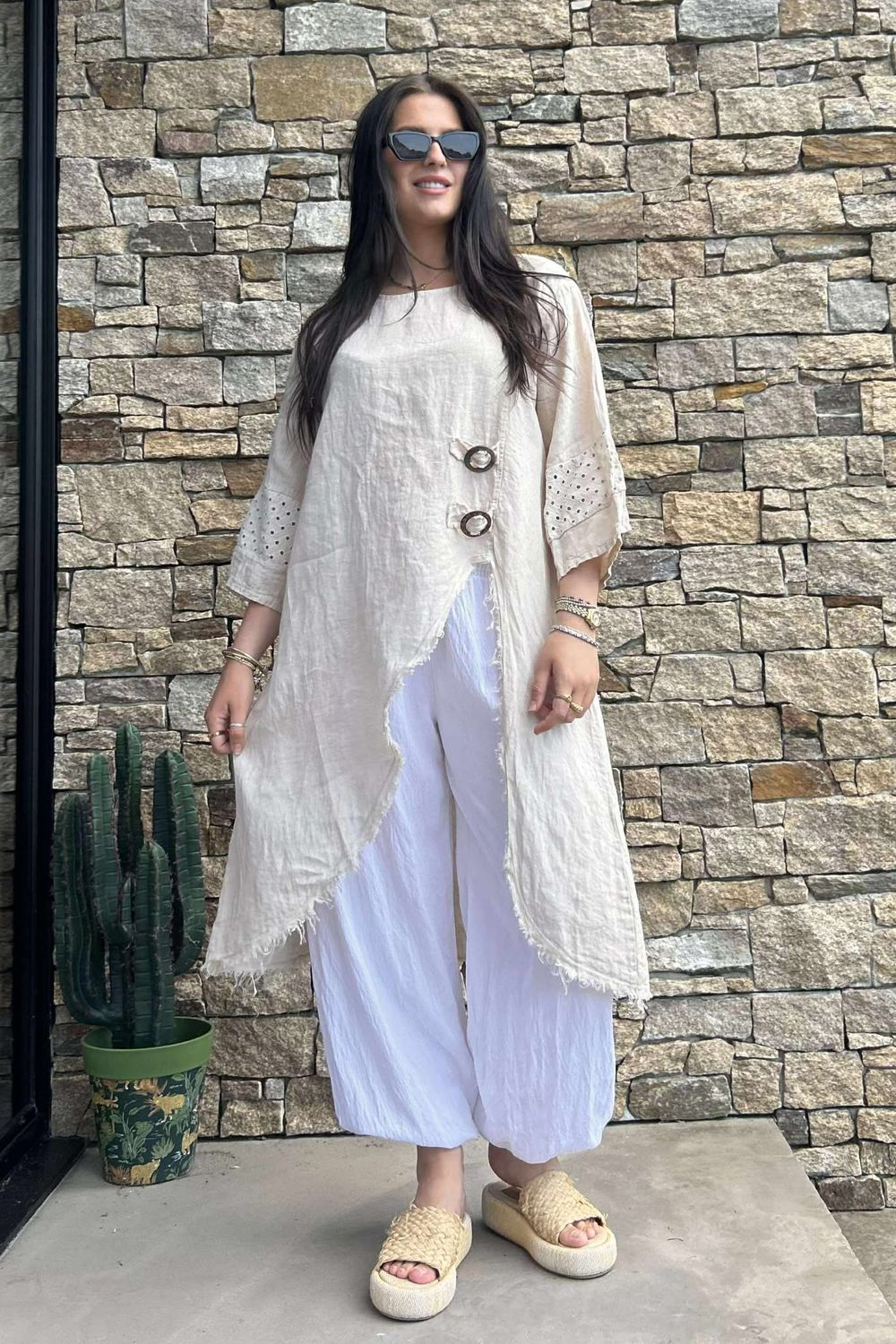 Made in Italy Portofino Pure Linen Raw Edge Swag Tunic Stone