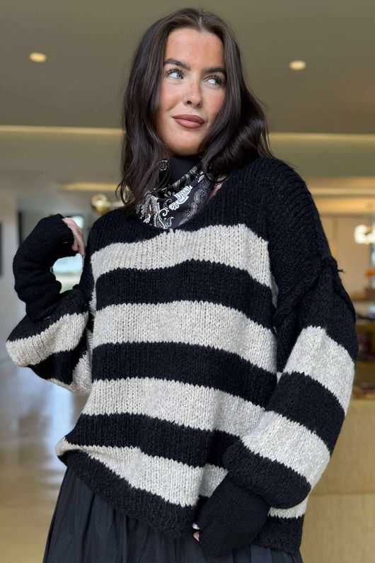 Big Softie Block Stripe Cobain Knit Black | Laundry B