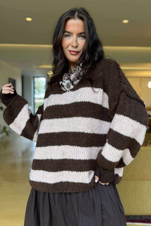 Big Softie Block Stripe Cobain Knit Chocolate Rose | Laundry B