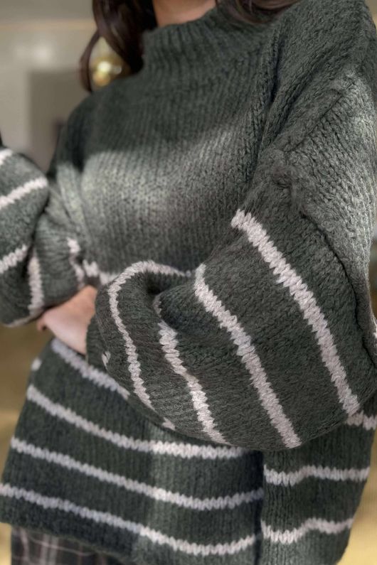 Big Softie Stripe Funnel Grunge Knit Khaki