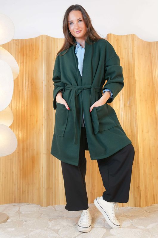Classic 3/4 Tie Waist Duster Coat Racing Green /17=