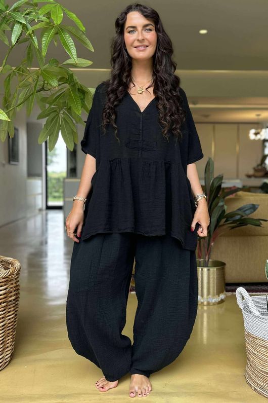 Driftwood Linen Blend Artist Smock Top Black