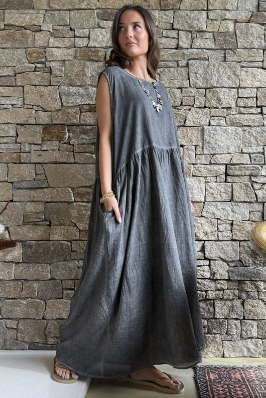 Lenni Cotton Smock Dress Washed Charcoal