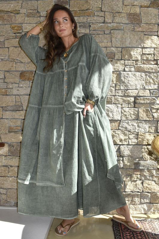 Lenni Cotton Smock Dress Washed Khaki