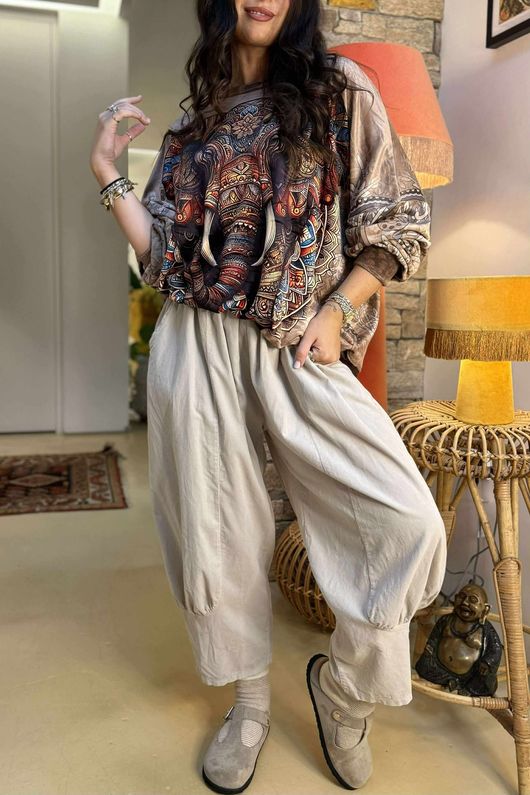 Lomi Mandala Stretch Velour Sweatshirt Stone | Laundry B