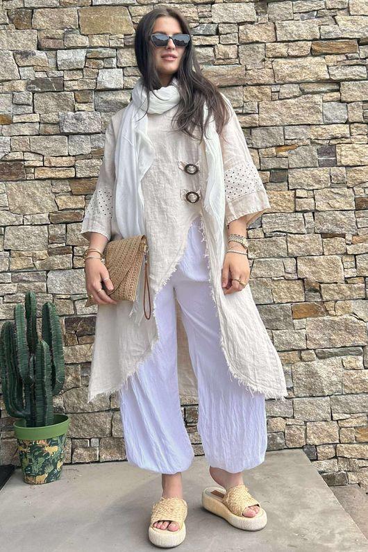 Made in Italy Portofino Pure Linen Raw Edge Swag Tunic Stone