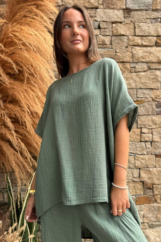 Pure Cotton Santos Keyhole Drape Back Top Khaki