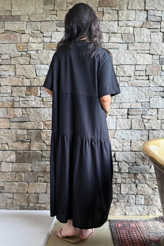 Rustic Nature Linen Blend Smock T Shirt Dress Black