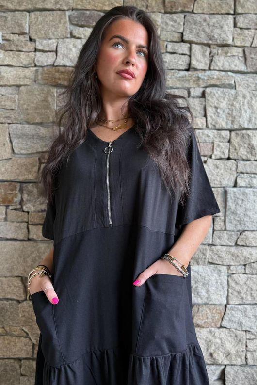 Rustic Nature Linen Blend Smock T Shirt Dress Black