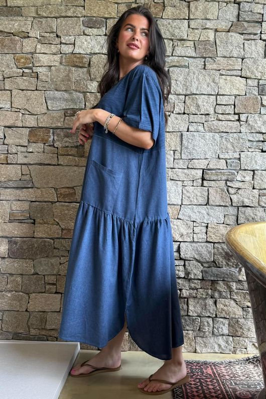 Rustic Nature Linen Blend Smock T Shirt Dress Washed Navy