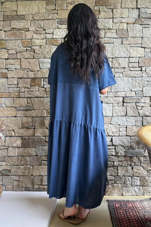 Rustic Nature Linen Blend Smock T Shirt Dress Washed Navy