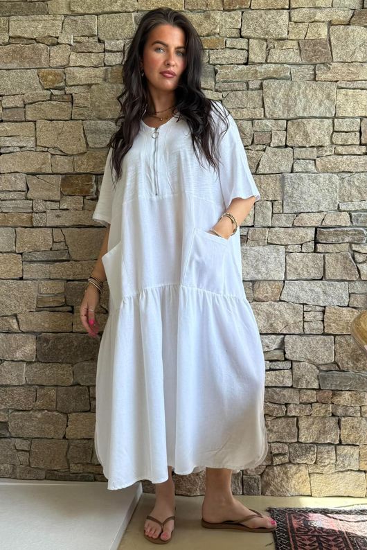 Rustic Nature Linen Blend Smock T Shirt Dress White