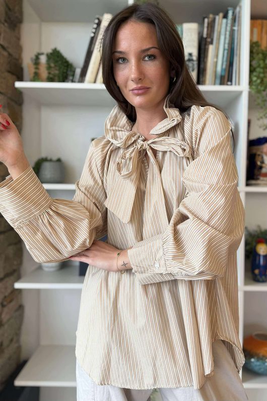Zeta Otto Pinstripe Pussy Bow Blouse Latte
